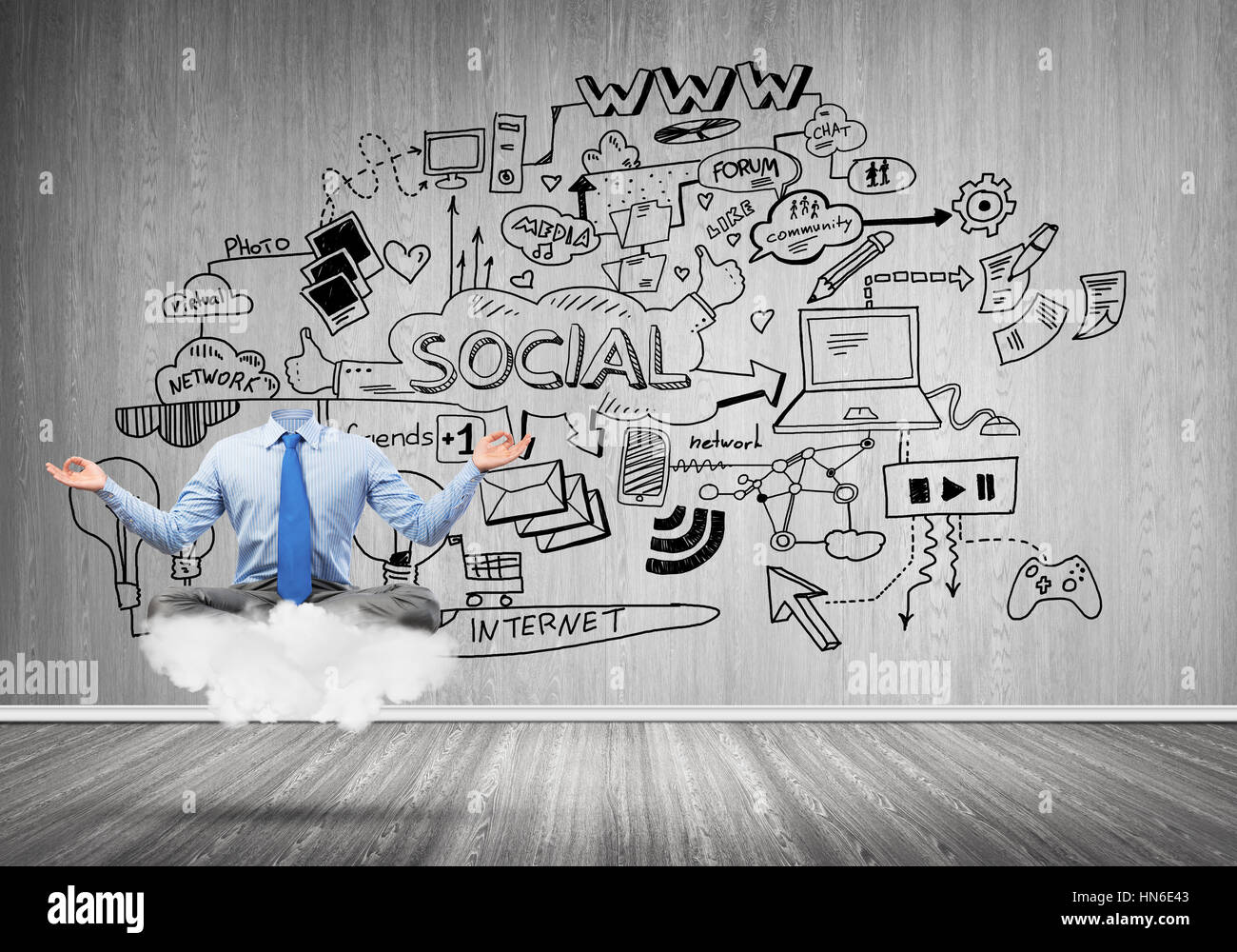 Headless businessman sitting on cloud in lotus pose and meditating ...