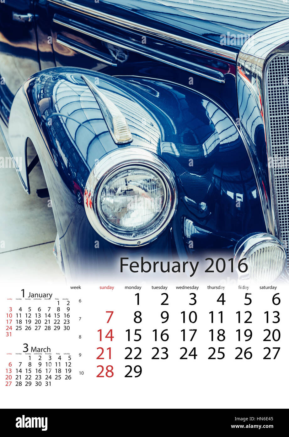 Calendar February 2016 - classic car Stock Photo - Alamy