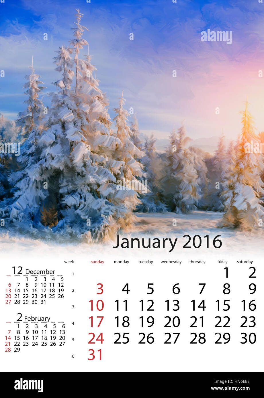 Calendar January 2016 - magical winter snow covered tree Stock Photo ...