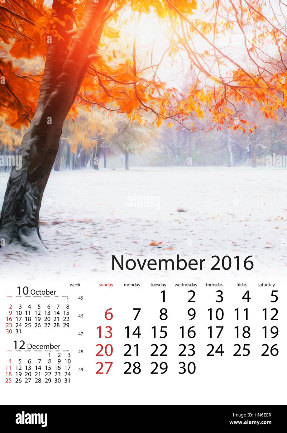 Calendar November 2016 - Sunlight breaks through the autumn Stock Photo ...