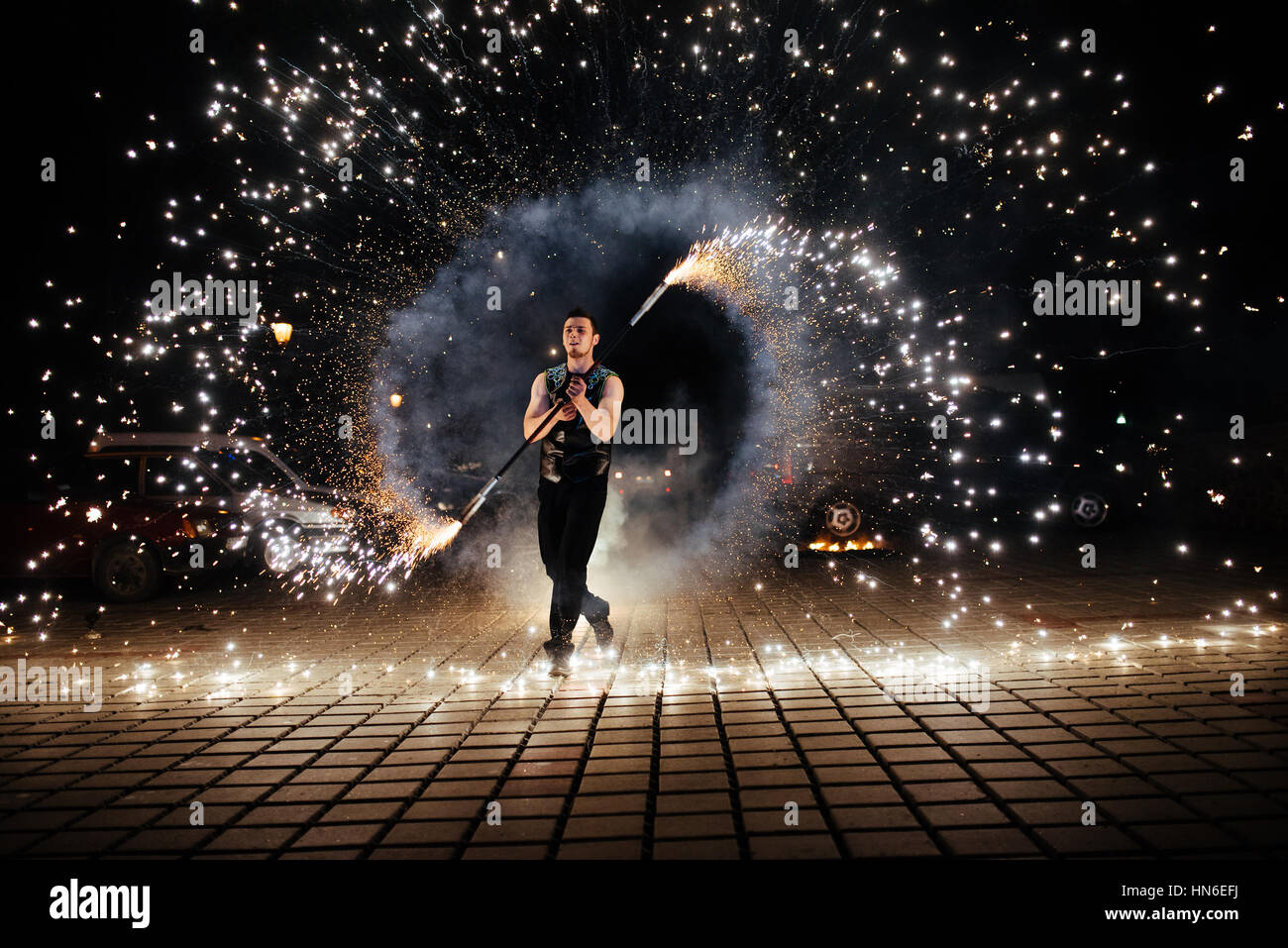 Amazing Fire Show at night Stock Photo - Alamy