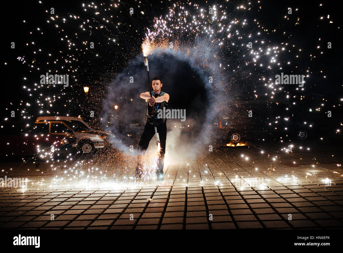 Amazing Fire Show at night Stock Photo - Alamy