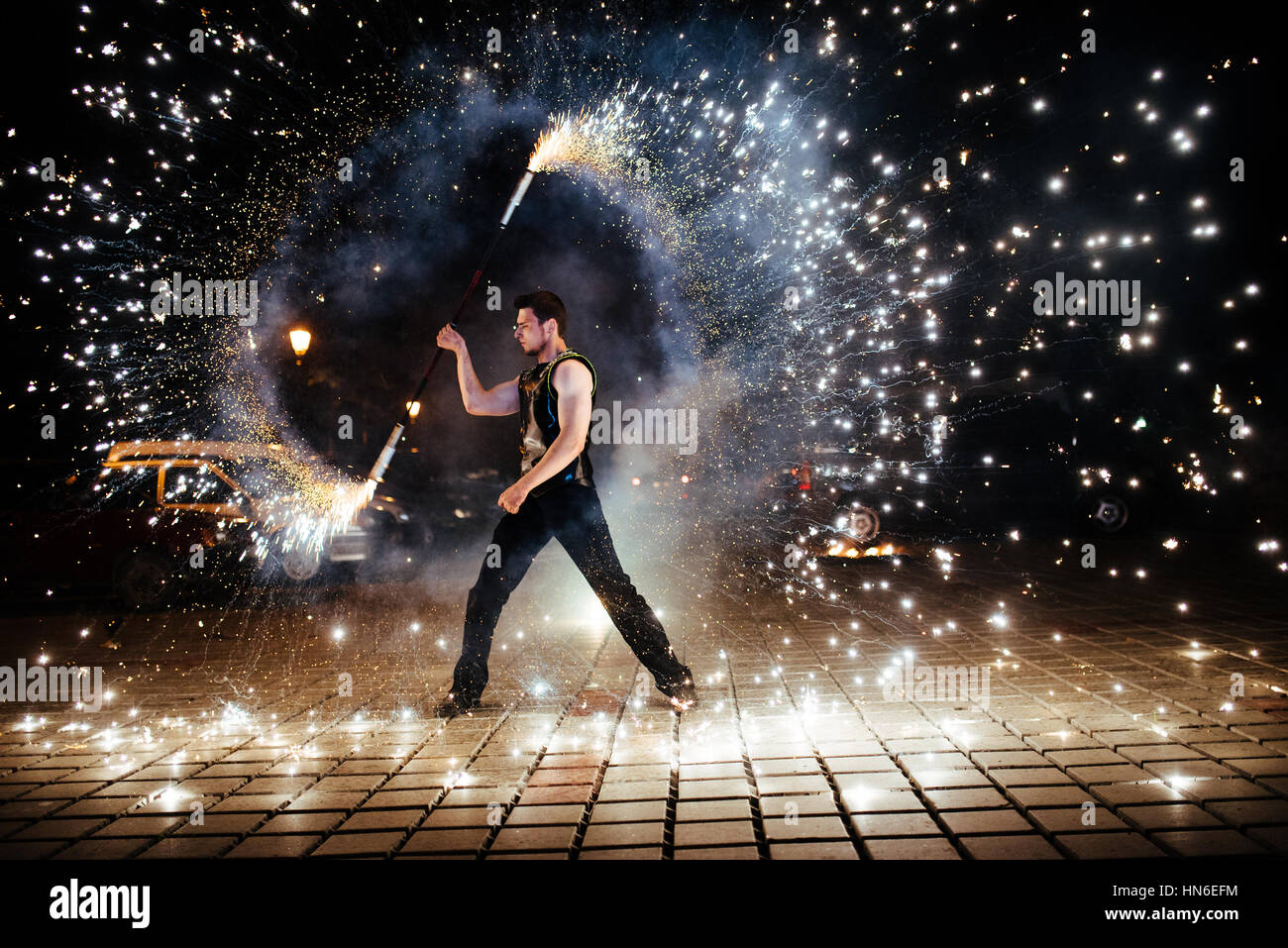 Amazing Fire Show at night Stock Photo - Alamy