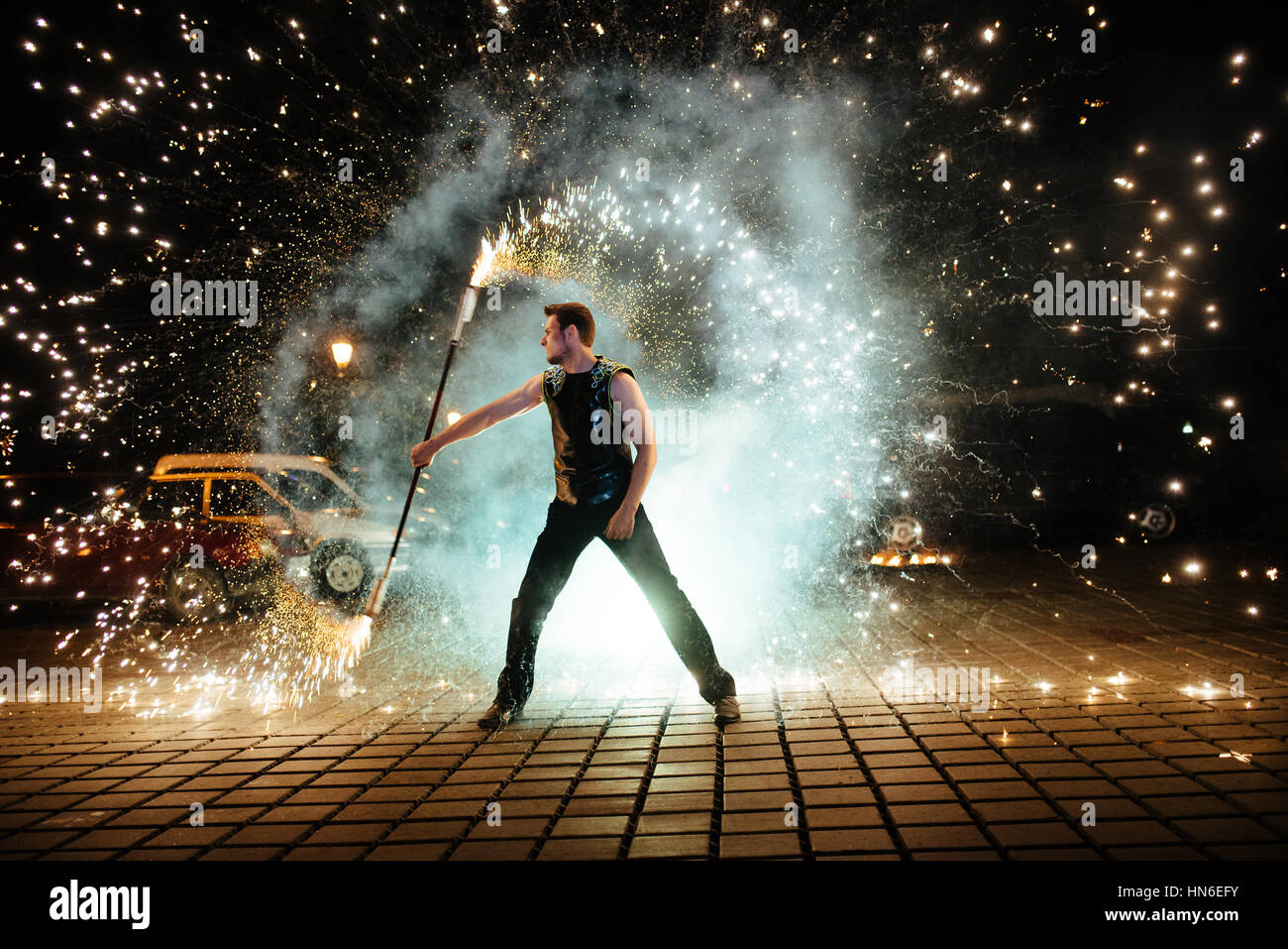 Amazing Fire Show at night Stock Photo - Alamy
