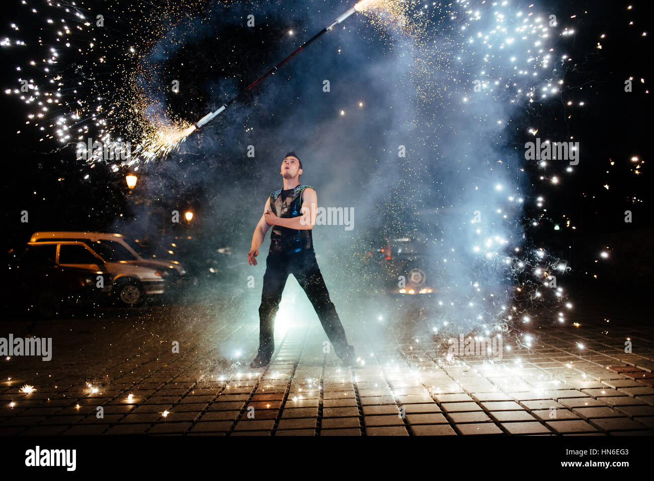 Amazing Fire Show at night Stock Photo - Alamy