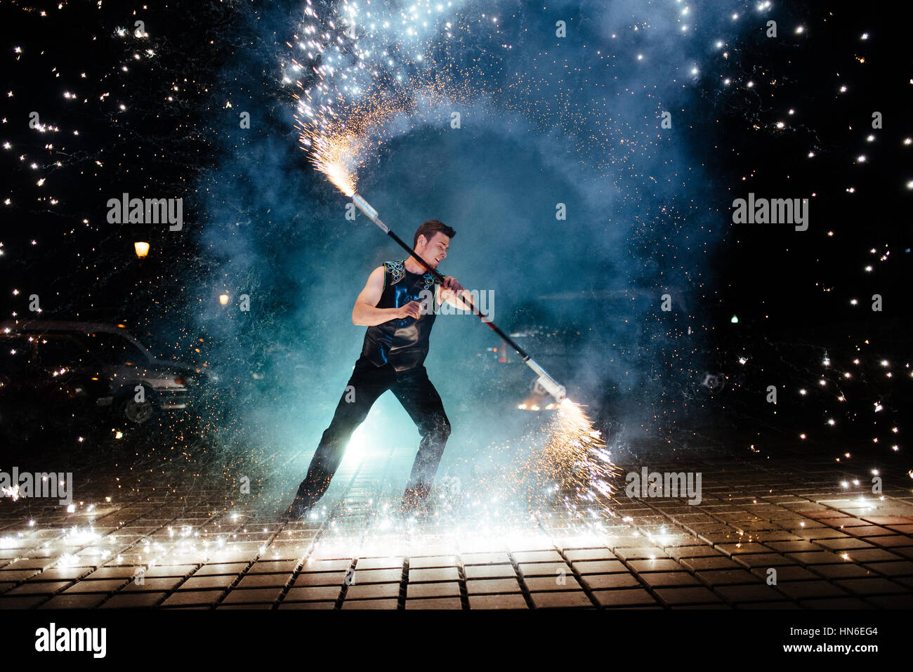 Amazing Fire Show at night Stock Photo - Alamy
