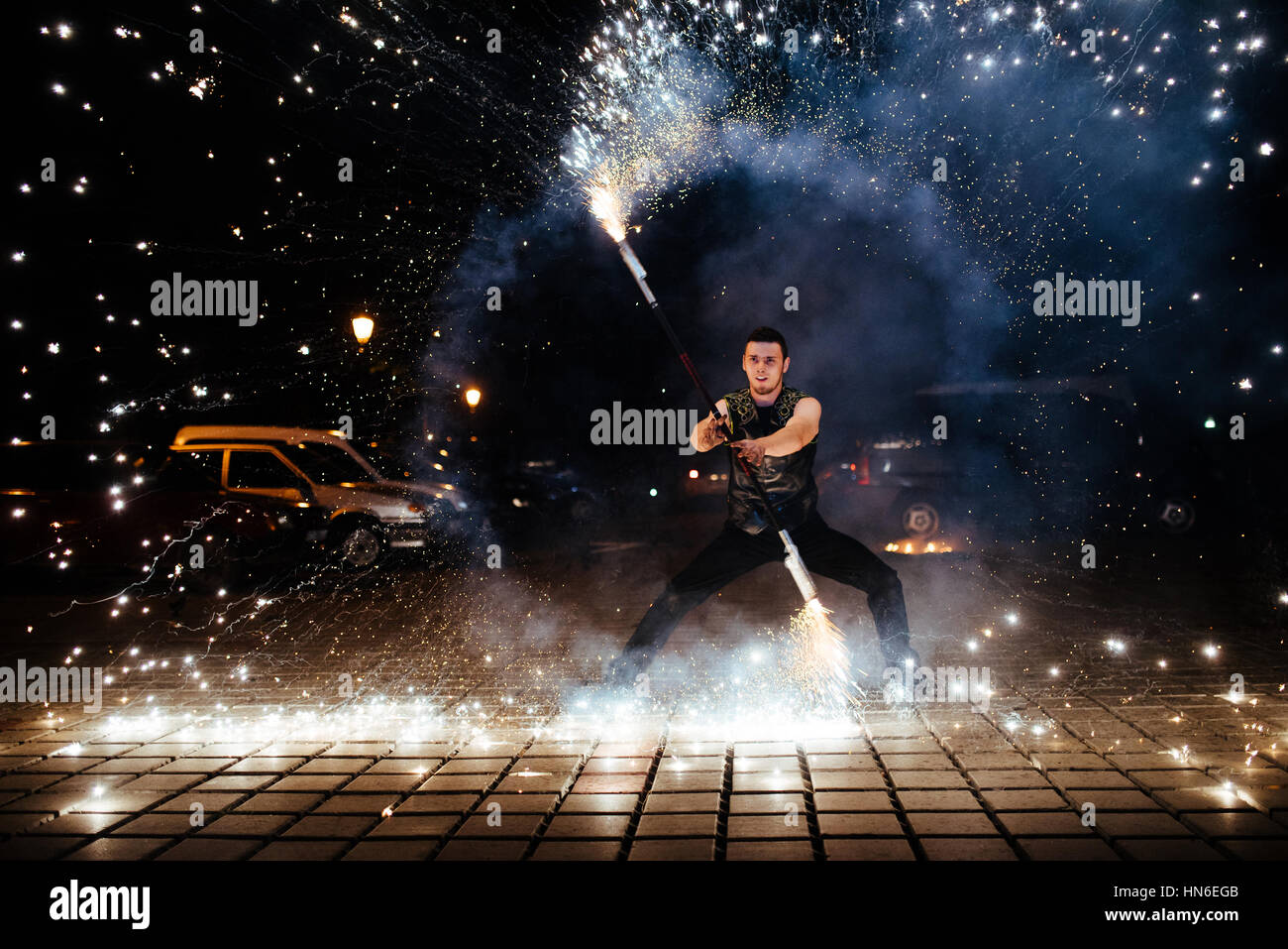 Amazing Fire Show at night Stock Photo - Alamy