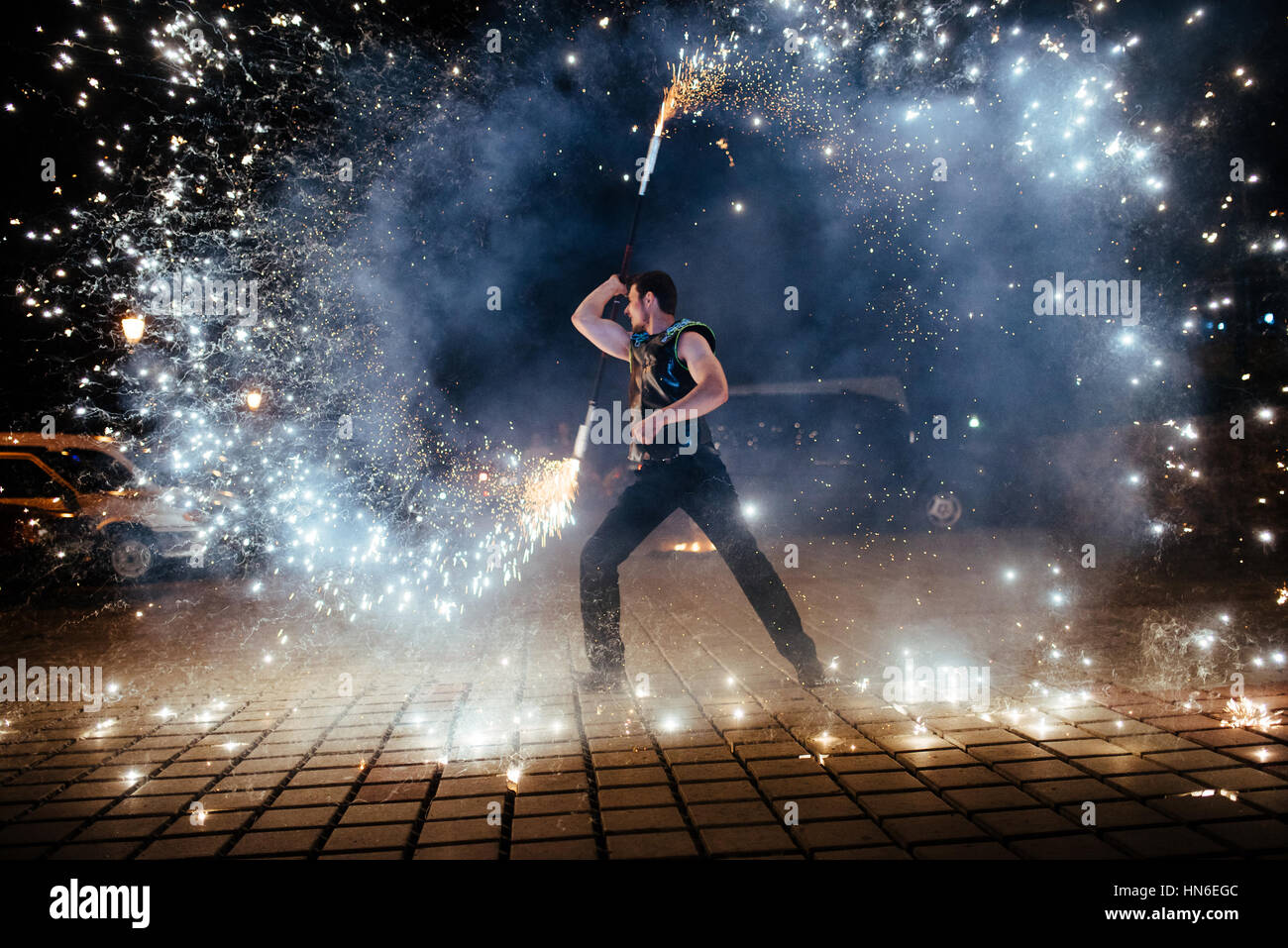 Amazing Fire Show at night Stock Photo - Alamy