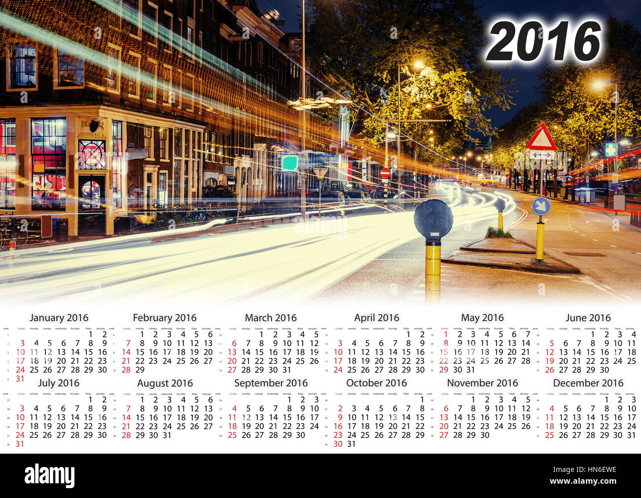 Calendar 2016. Lighted street at night Stock Photo - Alamy