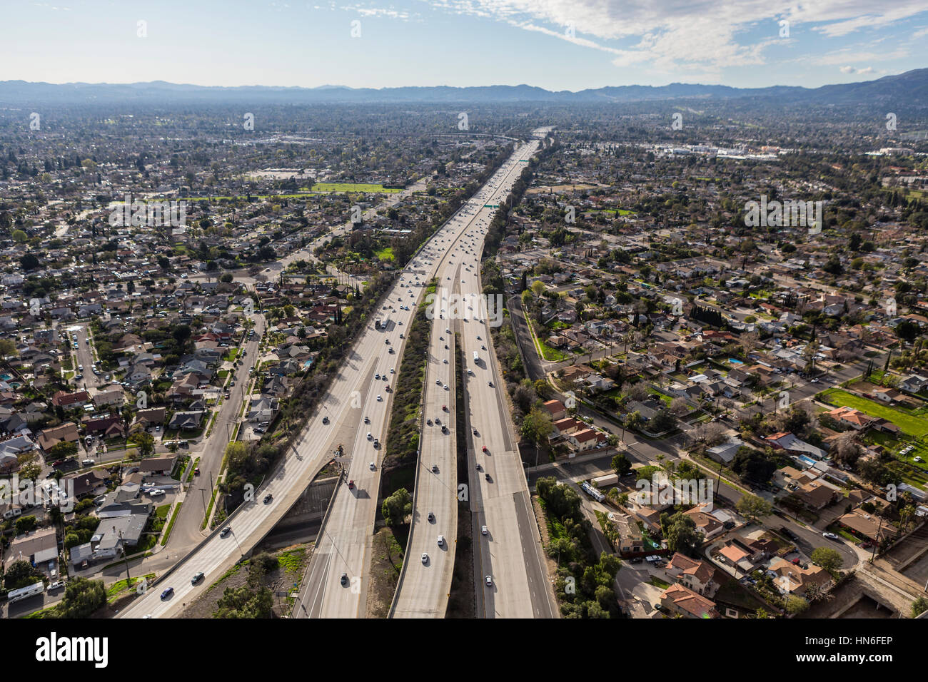 Aerial view of Route 118 freeway crossing the San Fernando Valley in ...