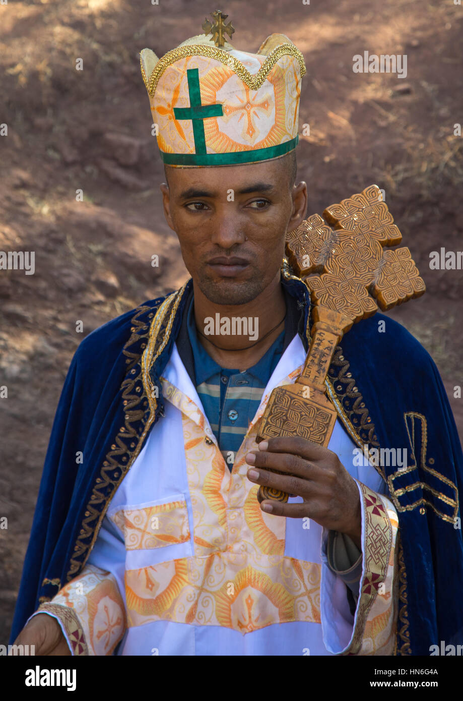 Monk of the ethiopian orthodox church with a wooden cross, Amhara ...