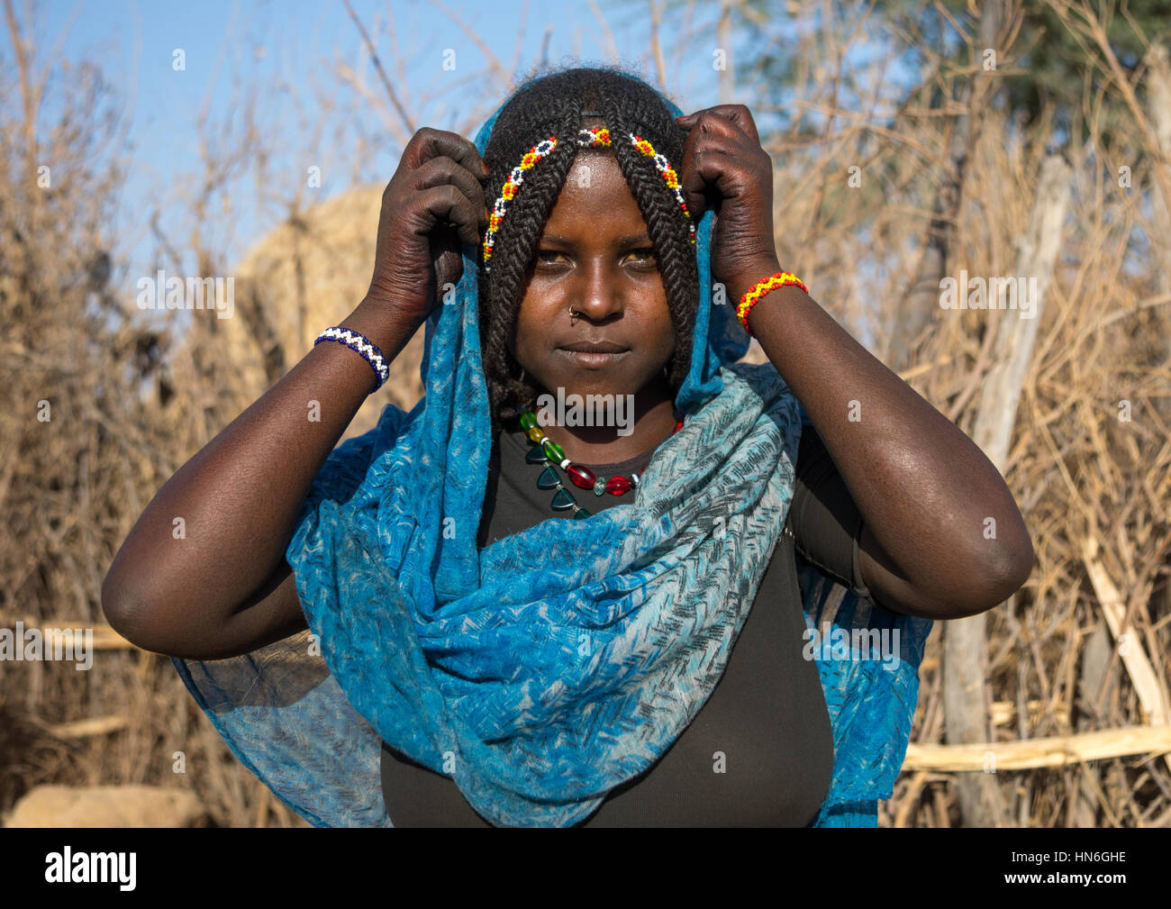 Portrait of an Afar tribe woman with braided hair, Afar region, Chifra ...