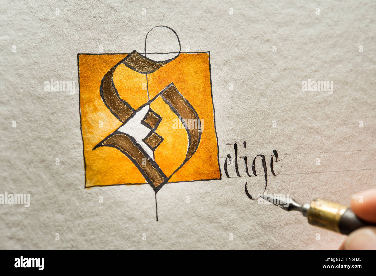 Calligraphy studio, hand writes text with pen and nib, letter S coated ...