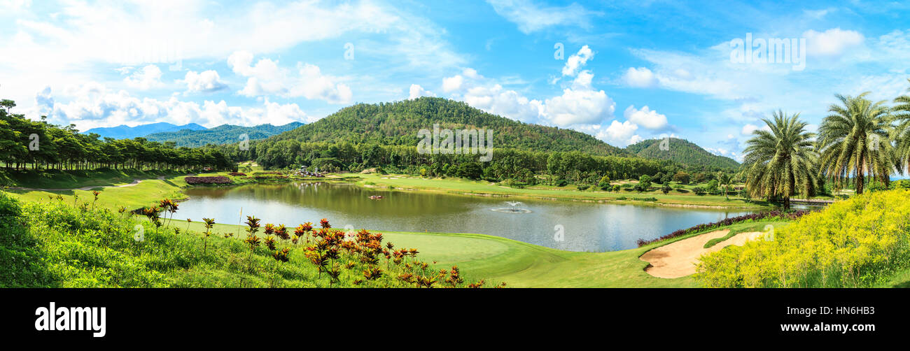 Beautiful green golf course landscape panorama, Golfing resort at ...