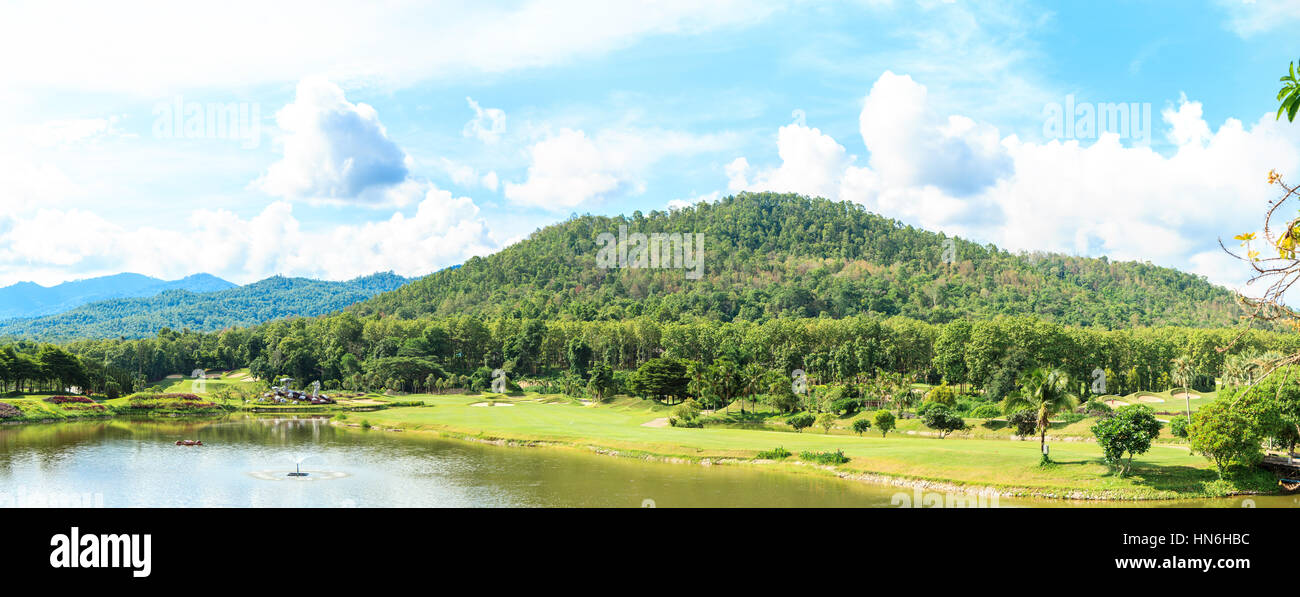 Beautiful green golf course landscape panorama, Golfing resort at ...