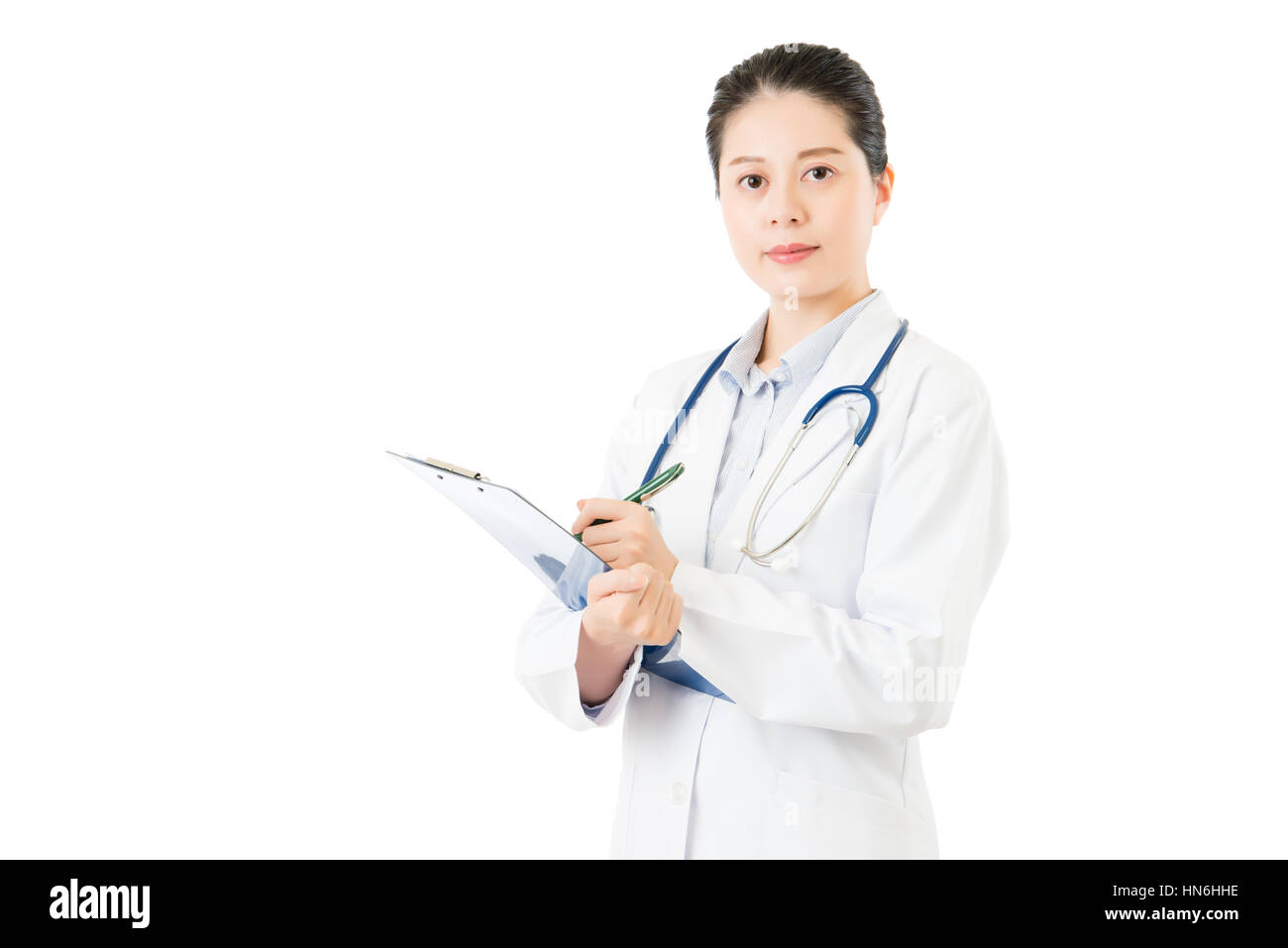 asian doctor holding pen writing medical case on clipboard. isolated on ...