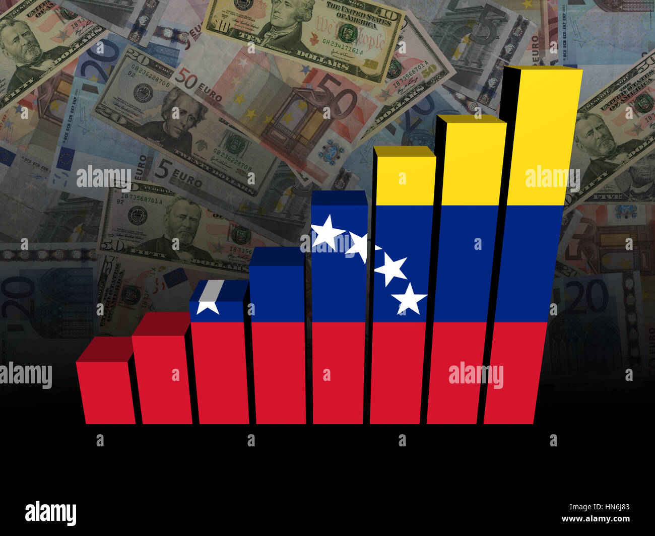 Venezuelan flag bar chart over Euros and Dollars illustration Stock ...