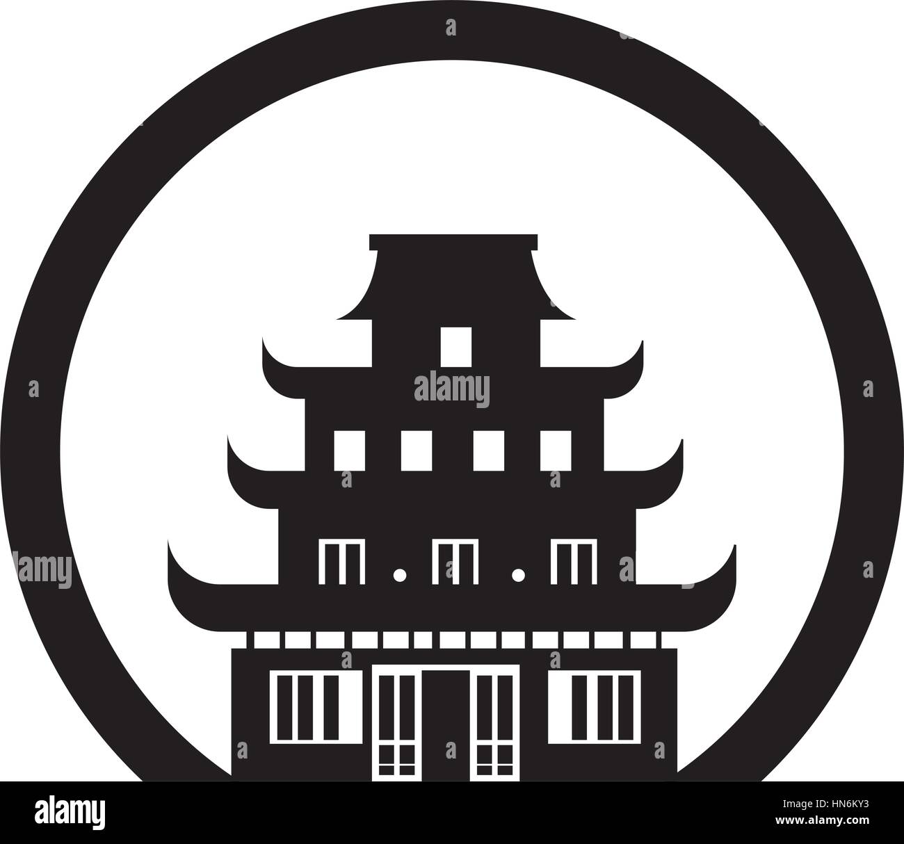 monochrome circle contour with japanese temple vector illustration ...