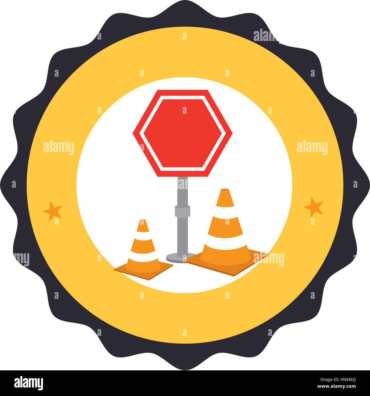 circular frame with road sign pictogram with traffic cone with lines ...