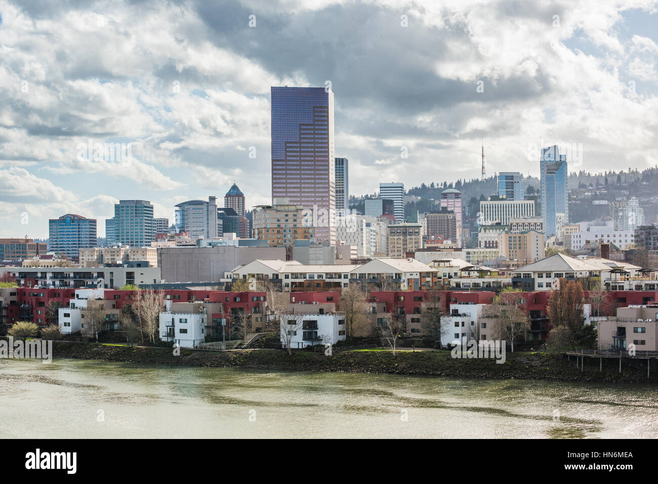 Portland cityscape skyline during stormy overcast rainy weather Stock ...