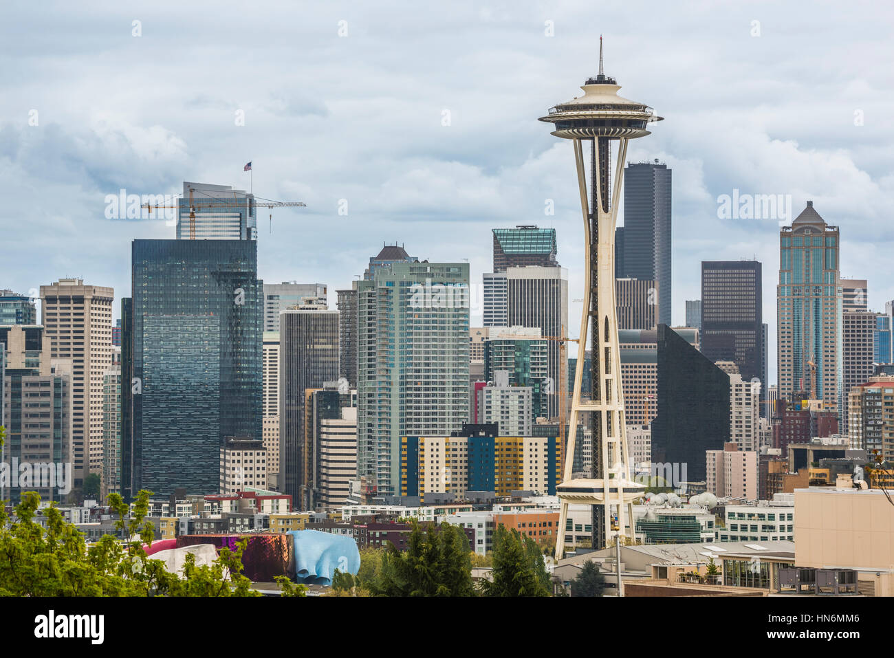 Seattle downtown skyline and cityscape during dark, cloudy and stormy ...
