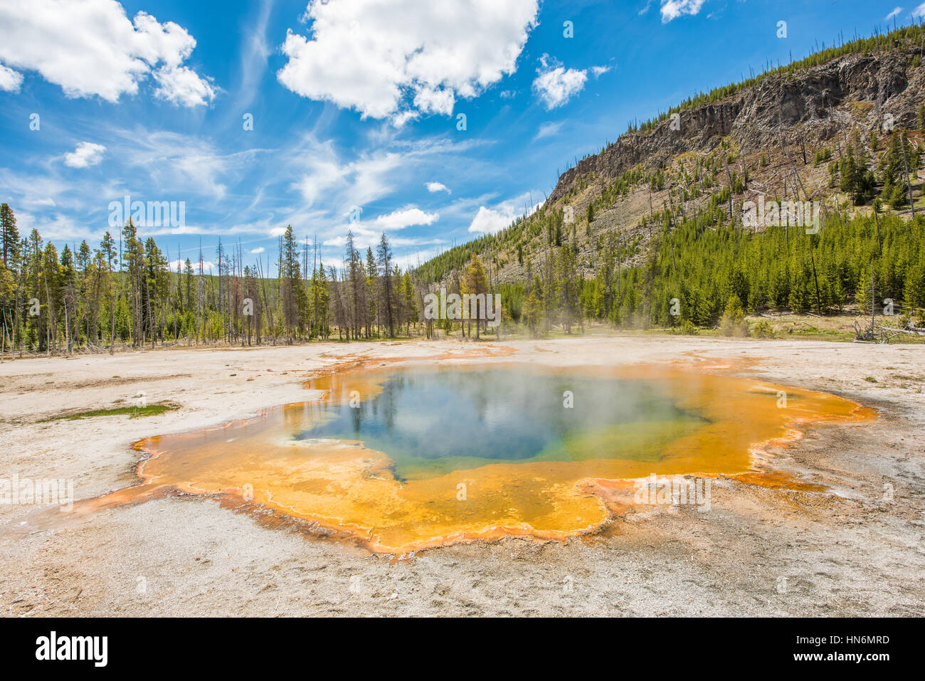 Emerald spring in black sand basin in Yellowstone National Park with ...