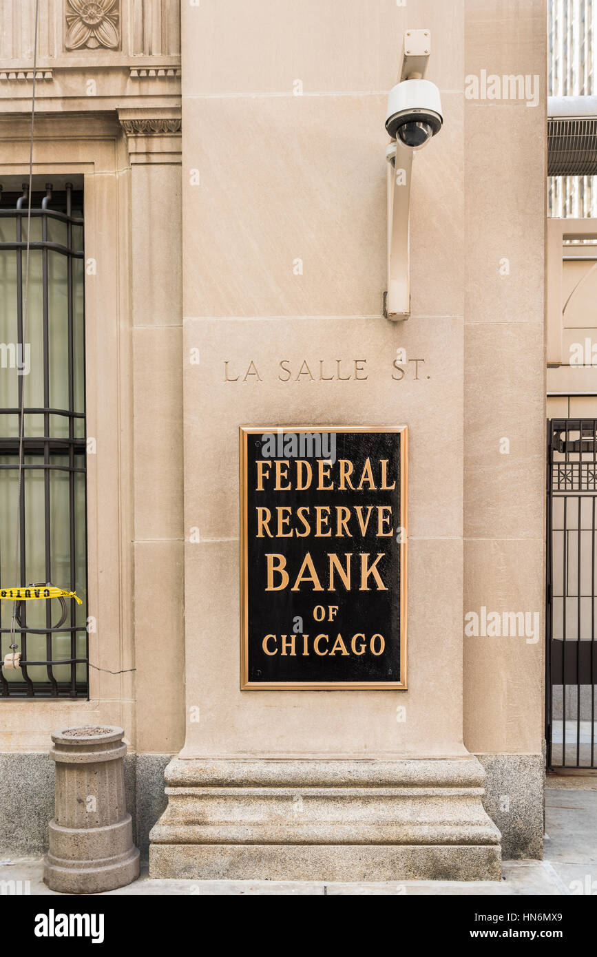 Chicago, USA - May 30, 2016: Federal Reserve sign, logo and text with ...