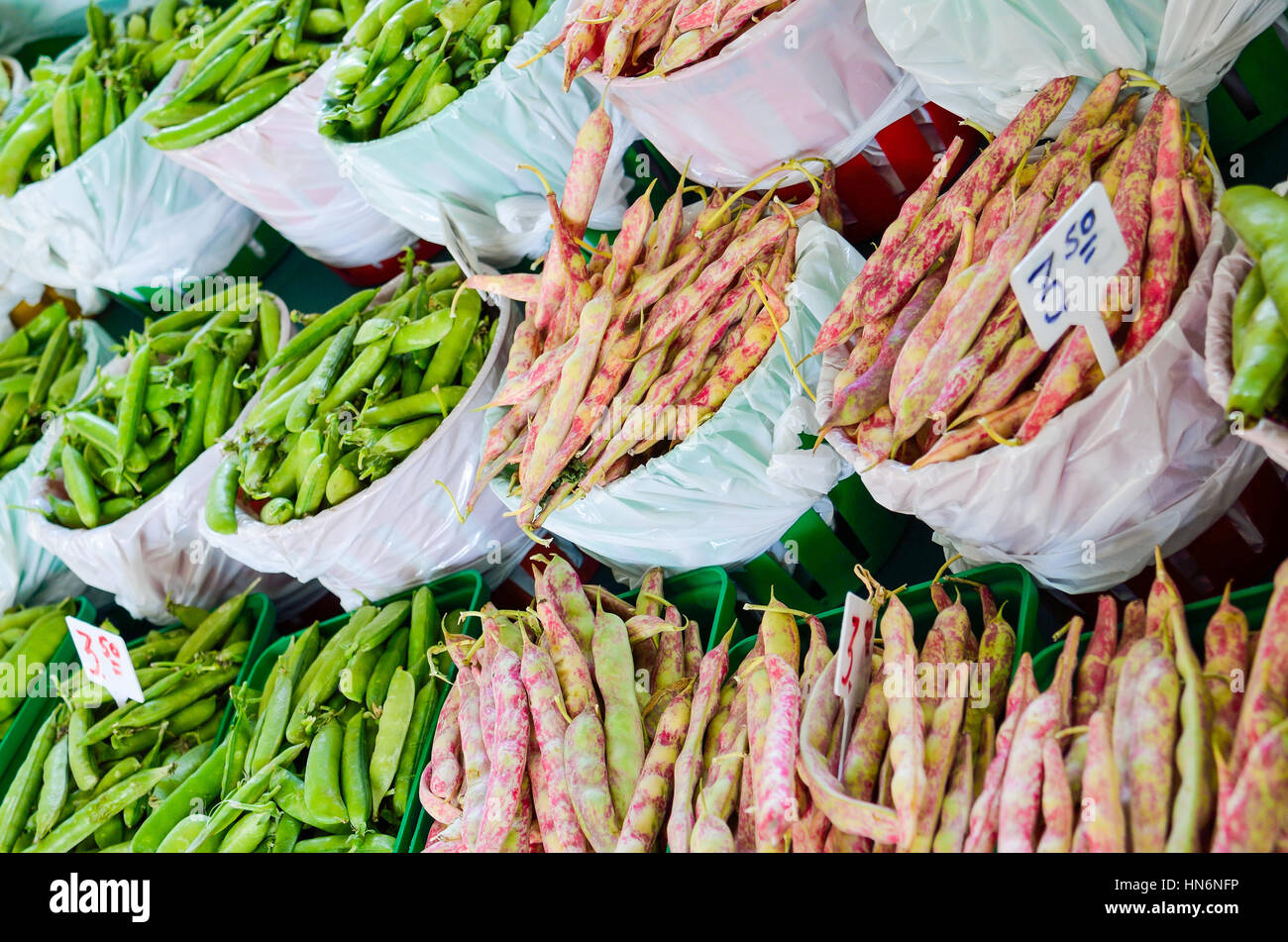 Green sugar snap peas and pink speckle shelling cranberry beans display ...