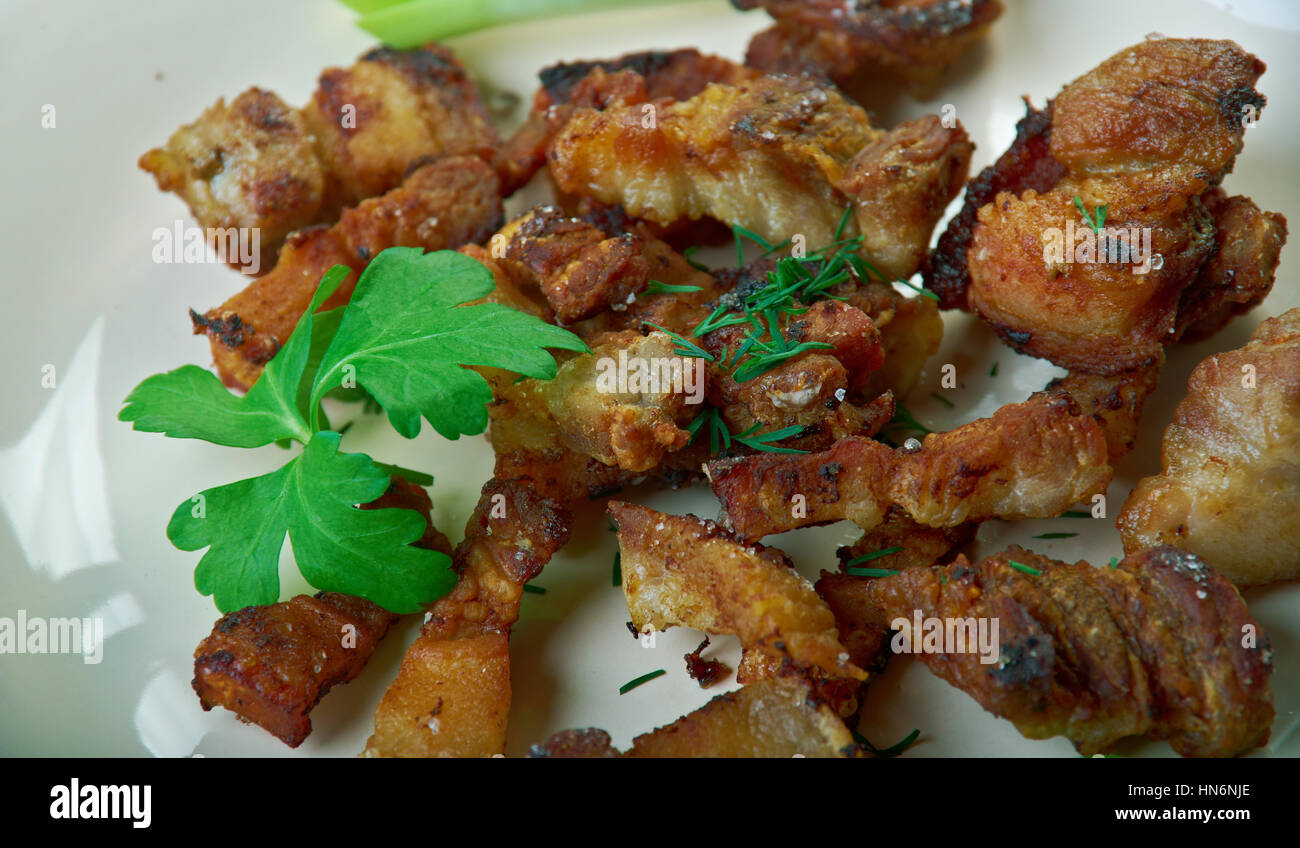 Pork rind skin of a pig. Pork rind is a common ingredient of sausages ...