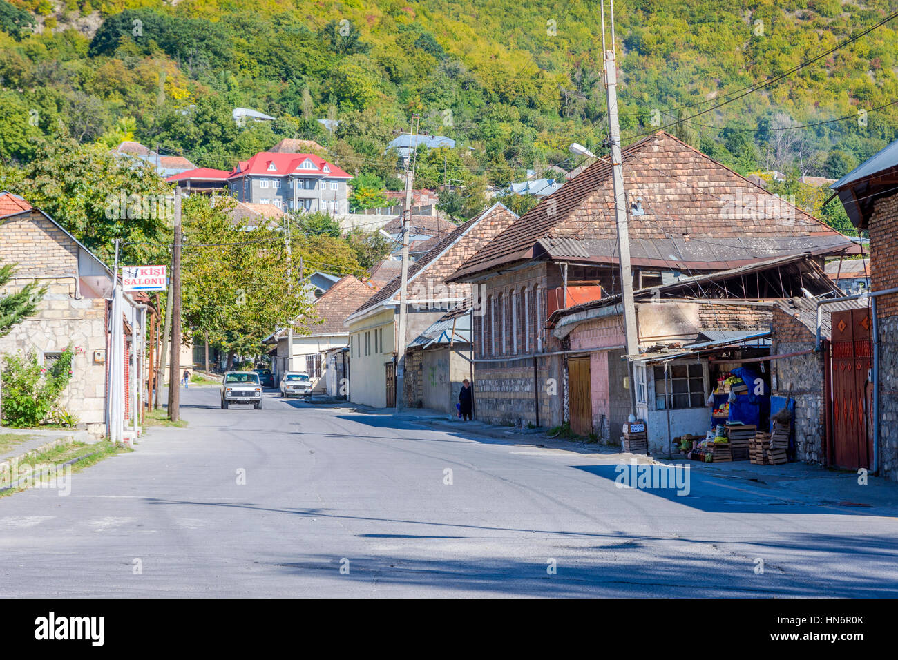SHEKI, AZERBAIJAN - OCTOBER 3: View over local street in Sheki on sunny ...