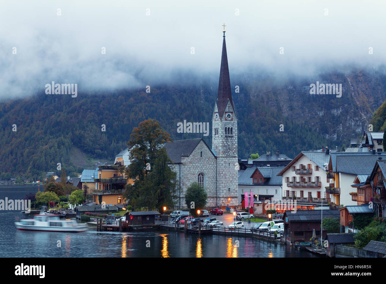 Famous Hallstatt mountain village with Hallstatt lake at sunrise in Austria Stock Photo - Alamy
