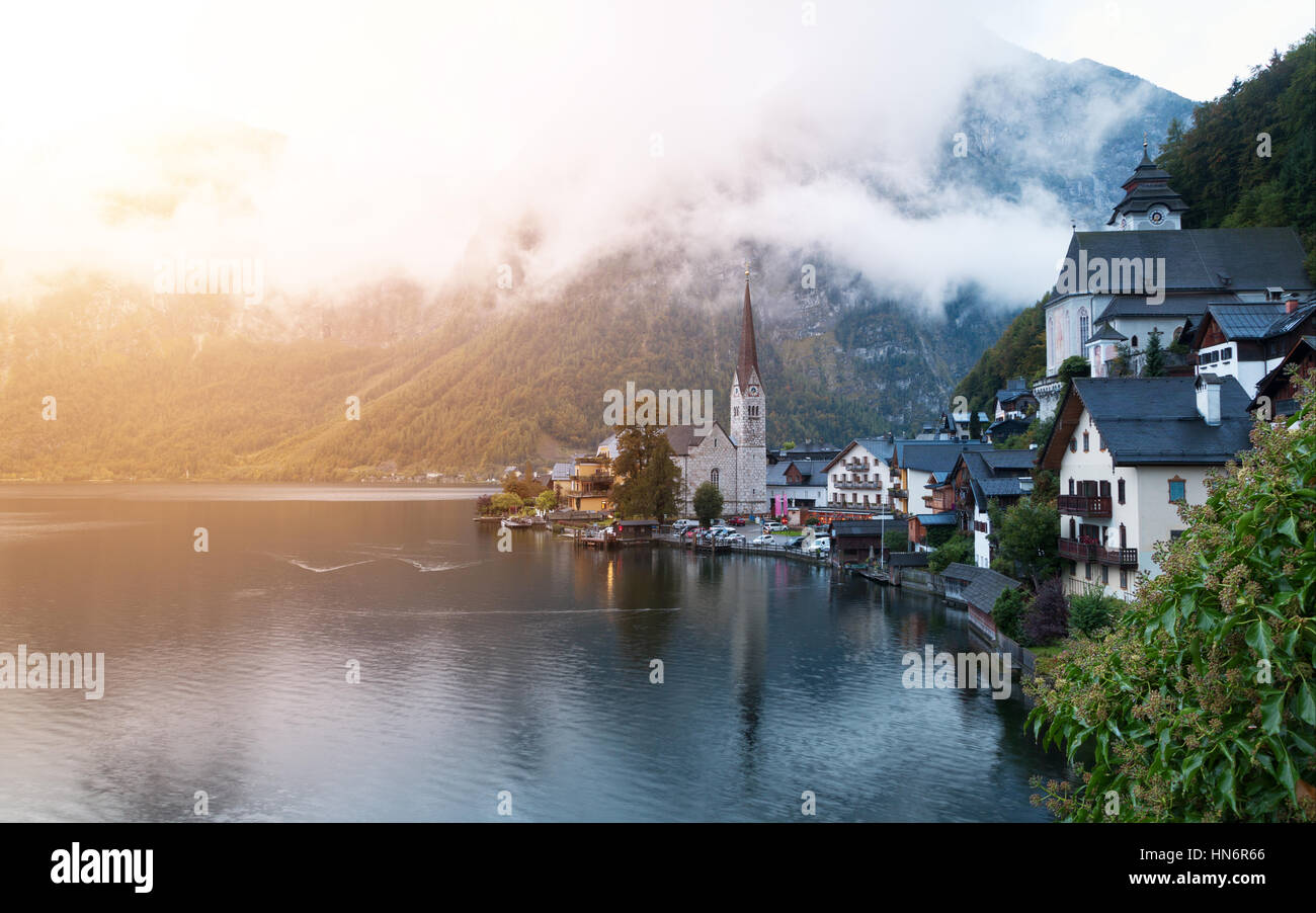 Famous Hallstatt mountain village with Hallstatt lake at sunrise in Austria Stock Photo - Alamy