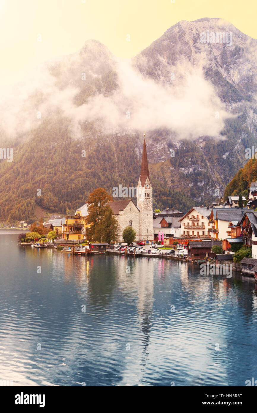 Famous Hallstatt mountain village with Hallstatt lake at sunrise in Austria Stock Photo - Alamy