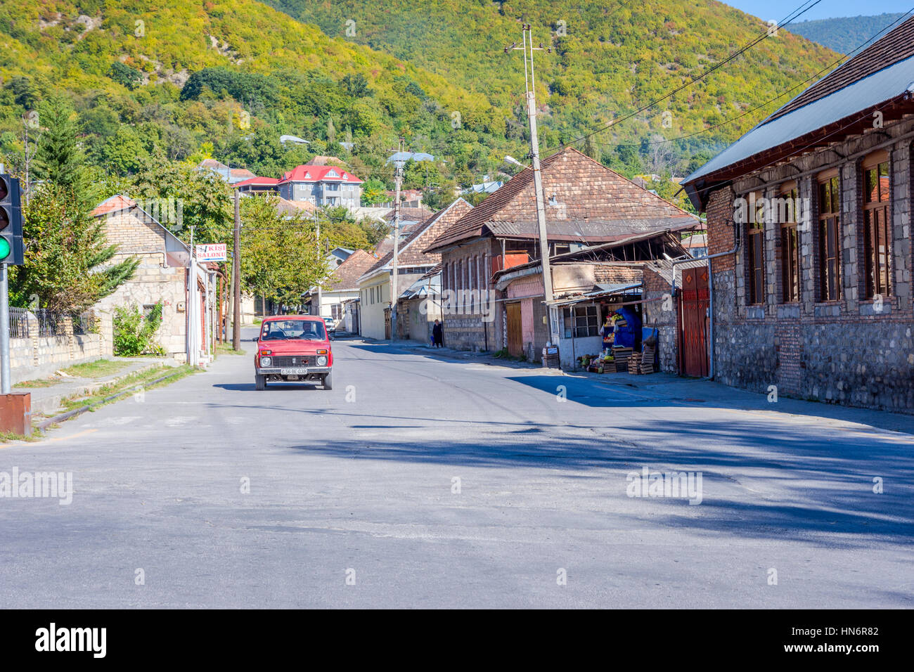 SHEKI, AZERBAIJAN - OCTOBER 3: View over local street in Sheki on sunny ...