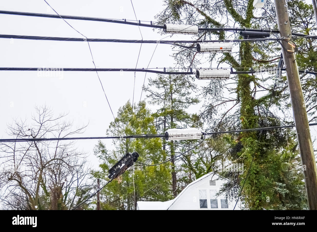 Charlottesville, USA - March 6, 2013: Broken telephone wires after ...