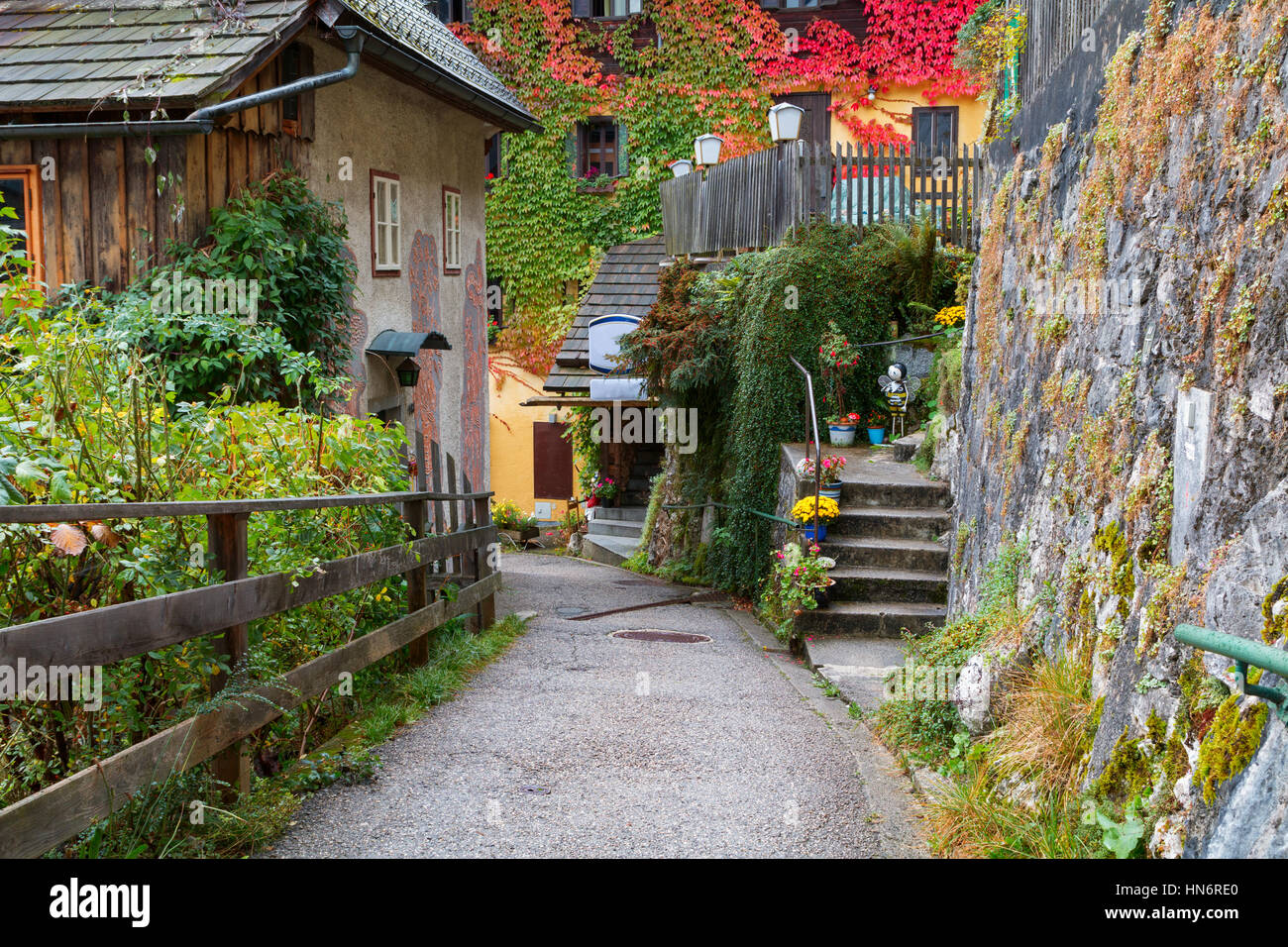 Famous Hallstatt mountain village with charming narrow streets in ...