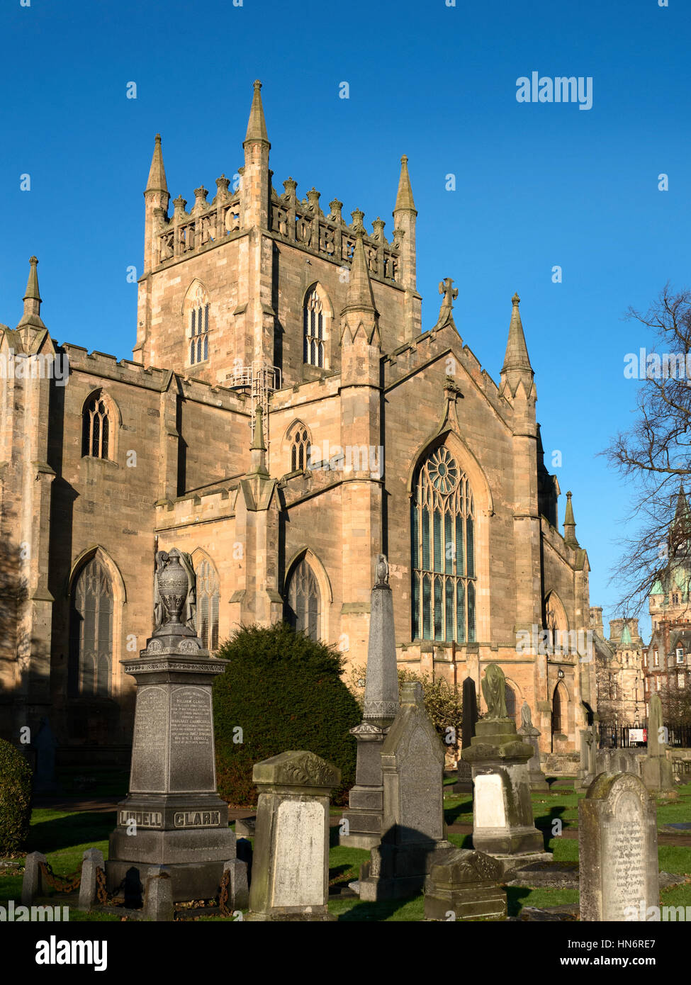Graveyard and Abbey Church with Bruce Tower at Dunfermline Abbey ...