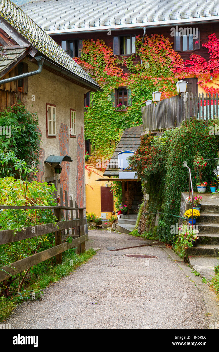 Famous Hallstatt mountain village with charming narrow streets in ...