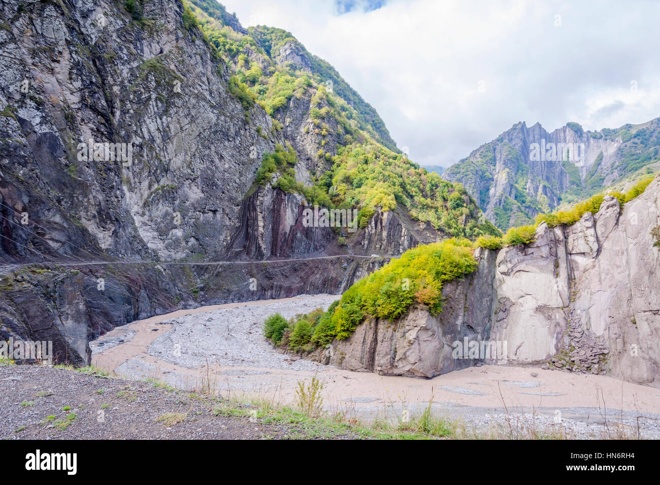 View over Lahich river bed torrent and vertical rocks in summer ...