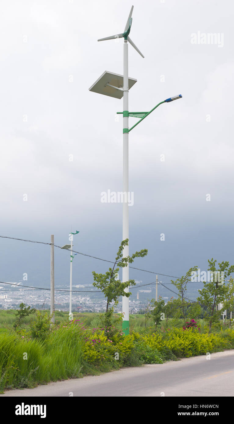 Lamp post with miniature wind turbine and solar panel, Dali, Yunnan ...