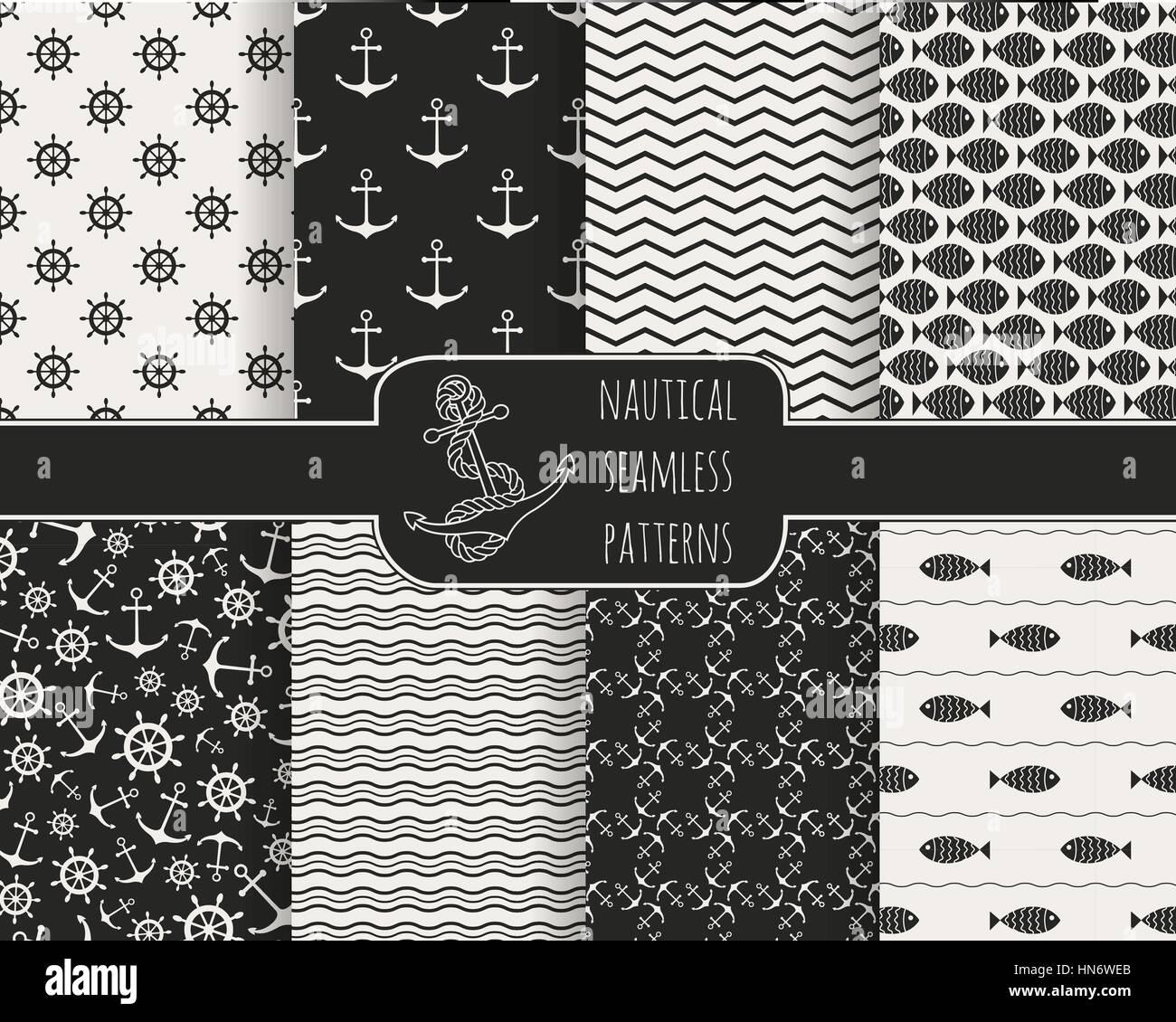 Set of seamless nautical patterns with anchors, ship wheels, fish and ...