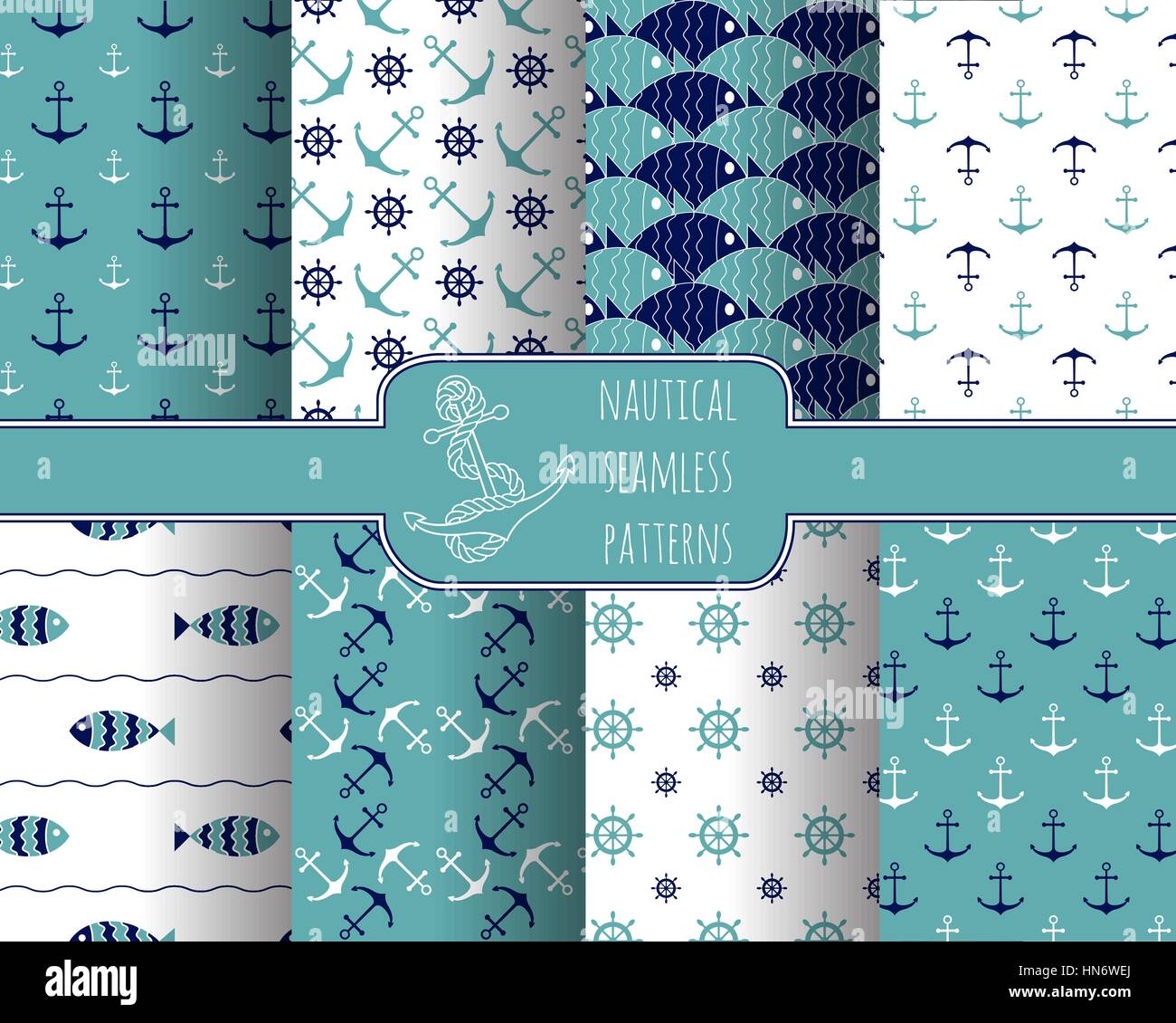 Set of 8 seamless nautical patterns with anchors, ship wheels, fish and ...