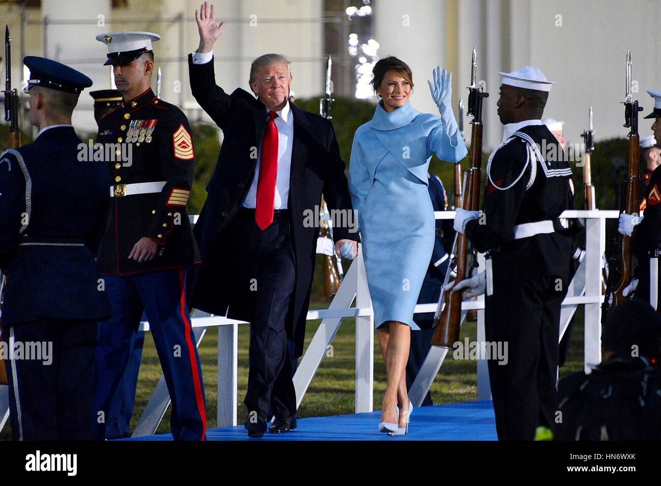 U.S. President Donald Trump and First Lady Melania Trump wave to the ...