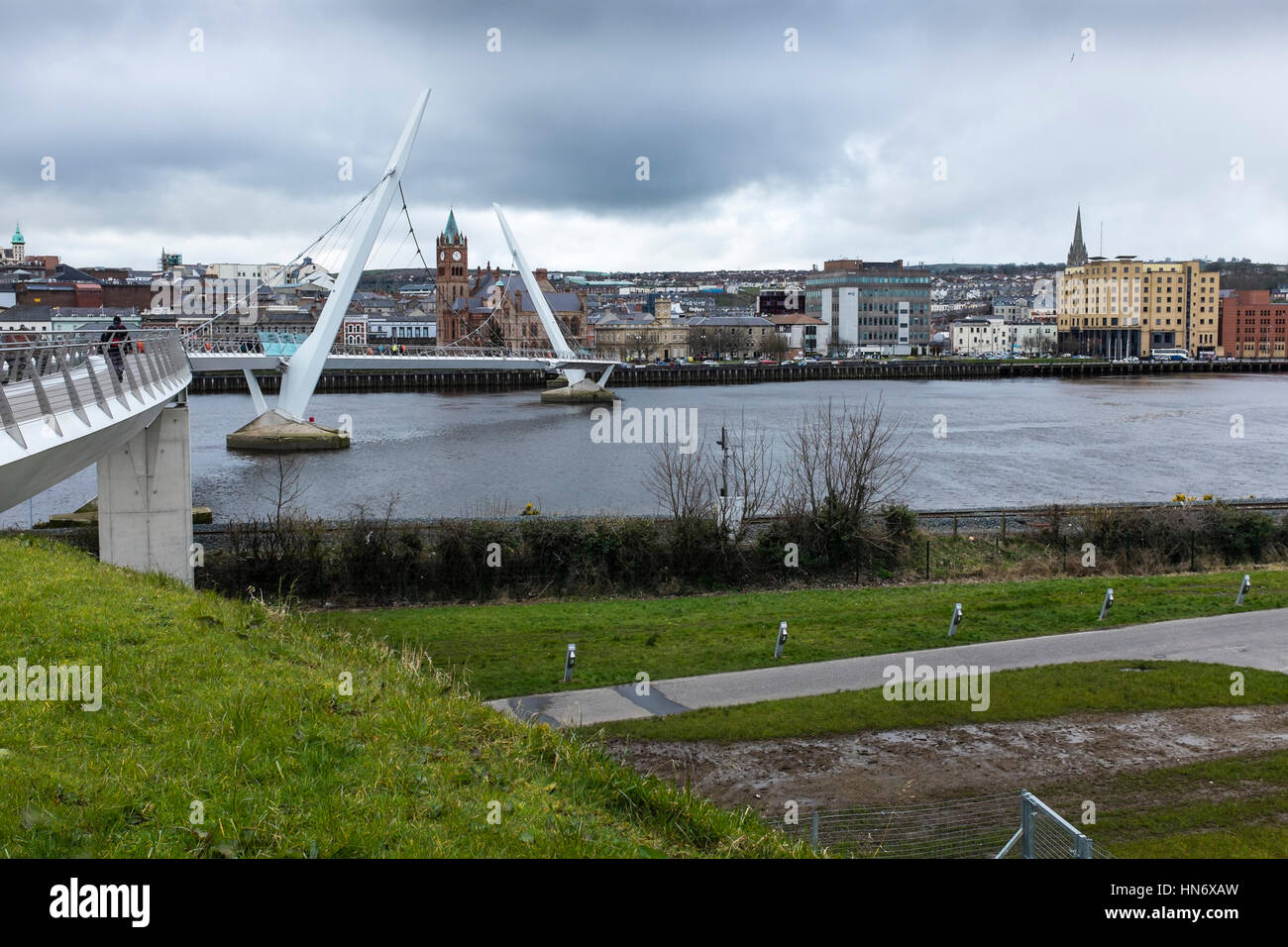 River Foyle and Peace Bridge in Derry, Northern Ireland - EDITORIAL USE ...
