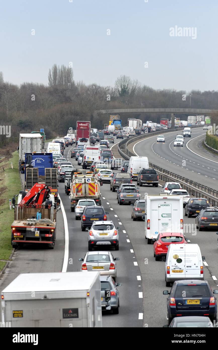 Stationary traffic on the M3 motorway at Shepperton Surrey UK Stock ...