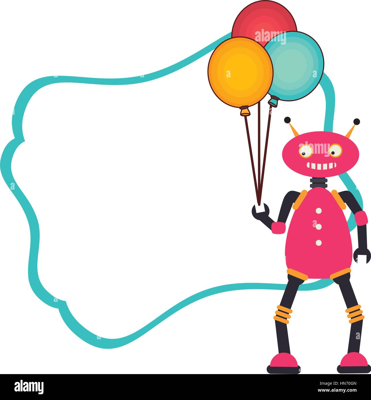 colorful decorative sheet with frame and male robot with balloons ...