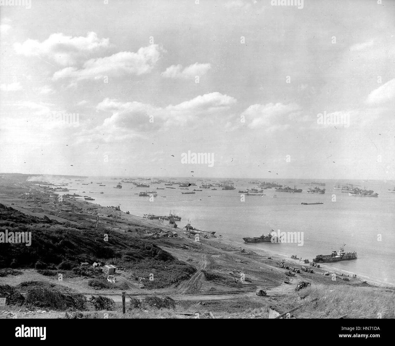Normandy, France, in June 1944. The view of the beach with ships after ...