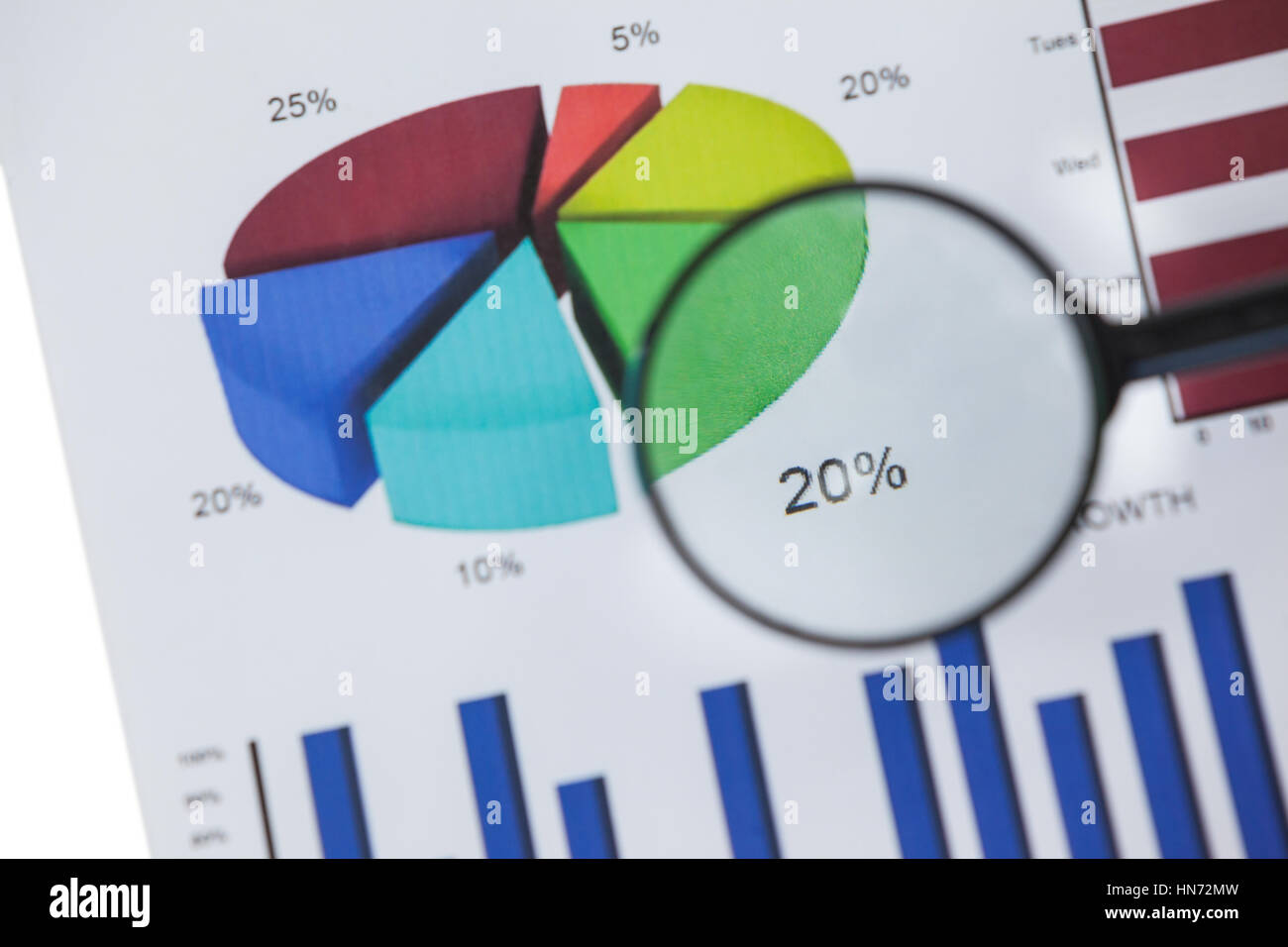 Close-up of magnifying glass on graph chart against white background ...