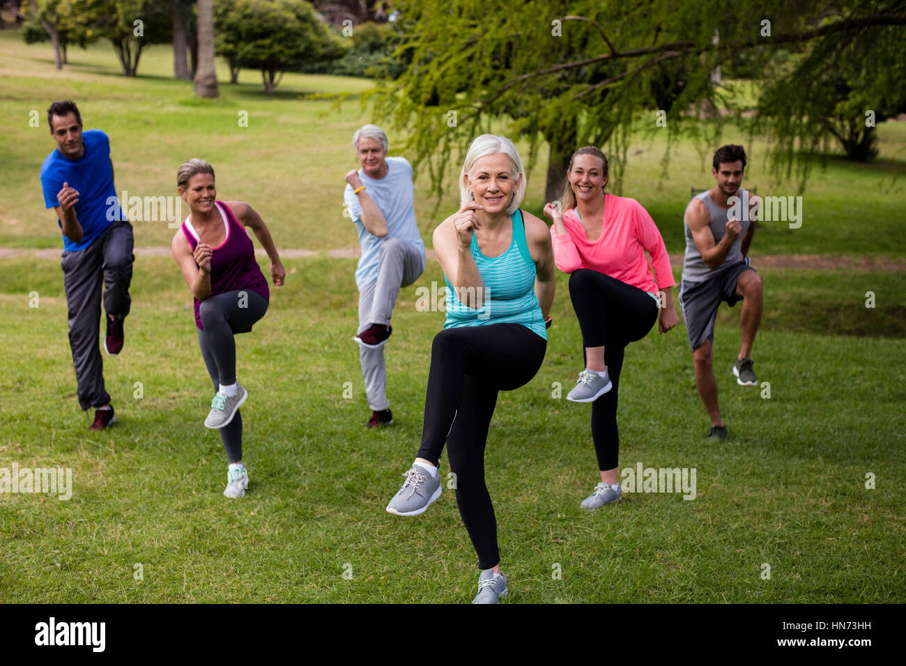 Group of people exercising together in park Stock Photo - Alamy