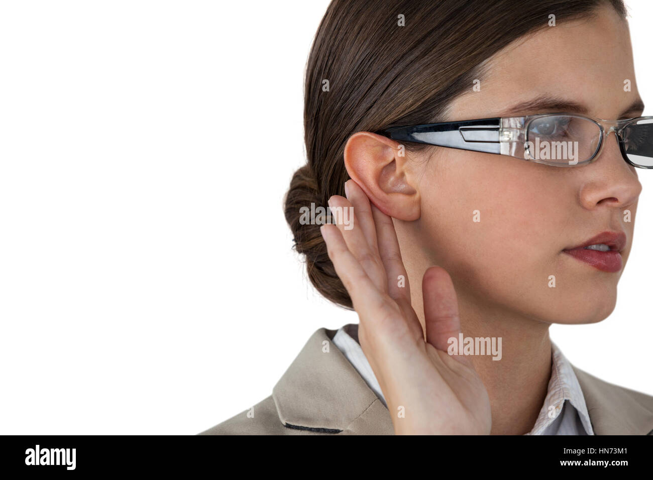 Business woman hand ear listening hi-res stock photography and images ...